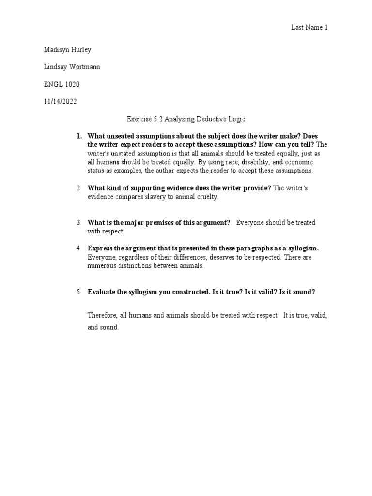 Exercise 5.2 Analyzing Deductive Logic | PDF