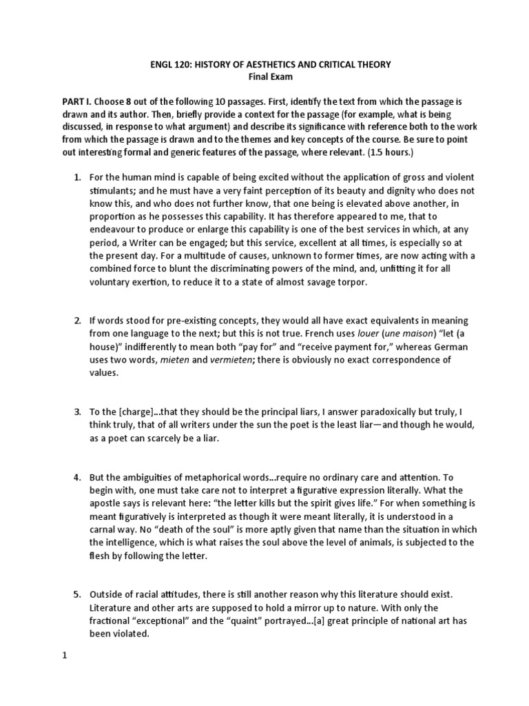 120 - History of Aesthetics and Critical Theory - Final Exam | PDF