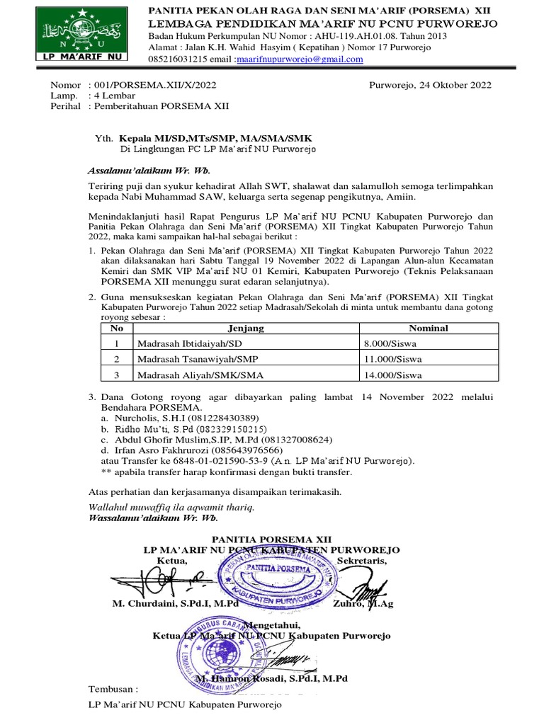 Pemberitahuan PORSEMA XII Purworejo | PDF