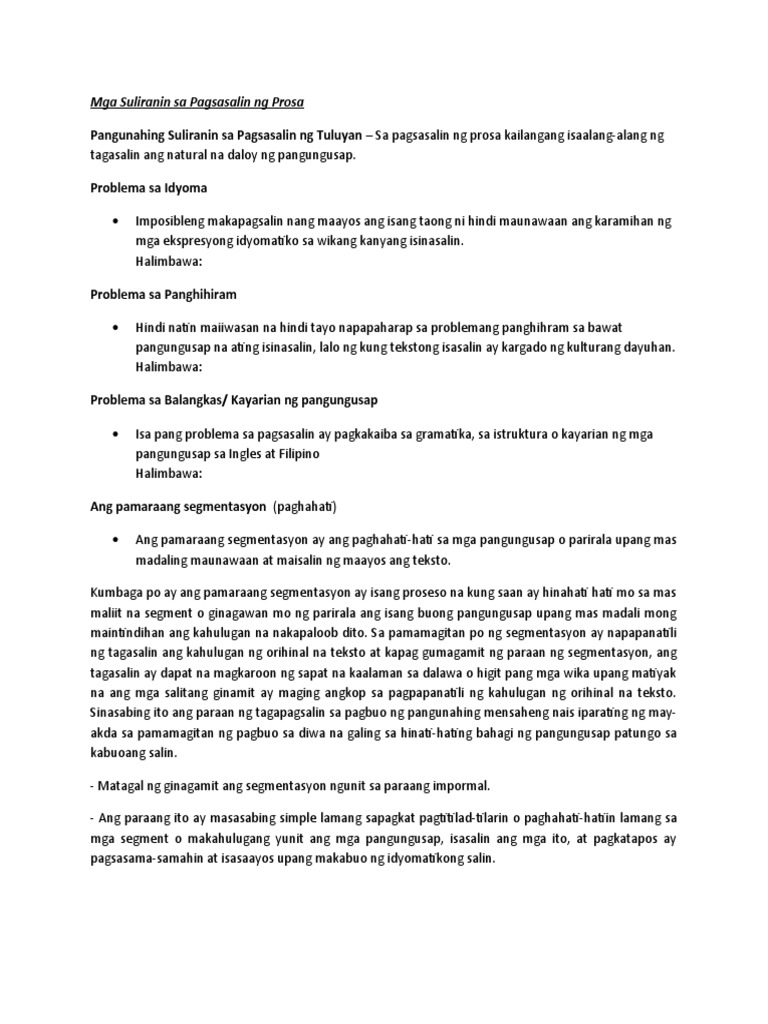 Mga Suliranin Sa Pagsasalin NG Prosa | PDF Mga Suliranin Sa Pagsasalin NG Prosa | PDF
