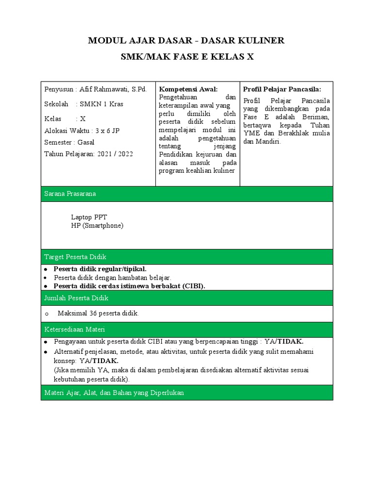 Modul Ajar Dasar Kuliner | PDF | Karier & Perkembangan
