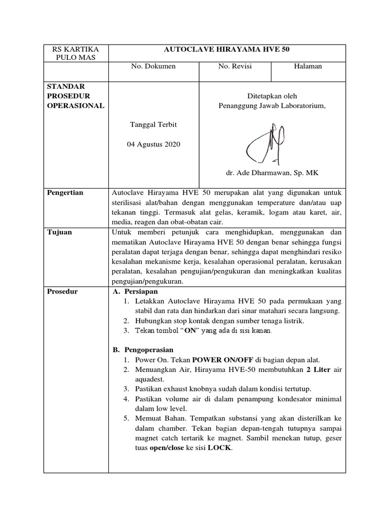 STANDAR OPERASIONAL AUTOCLAVE HIRAYAMA HVE 50 | PDF