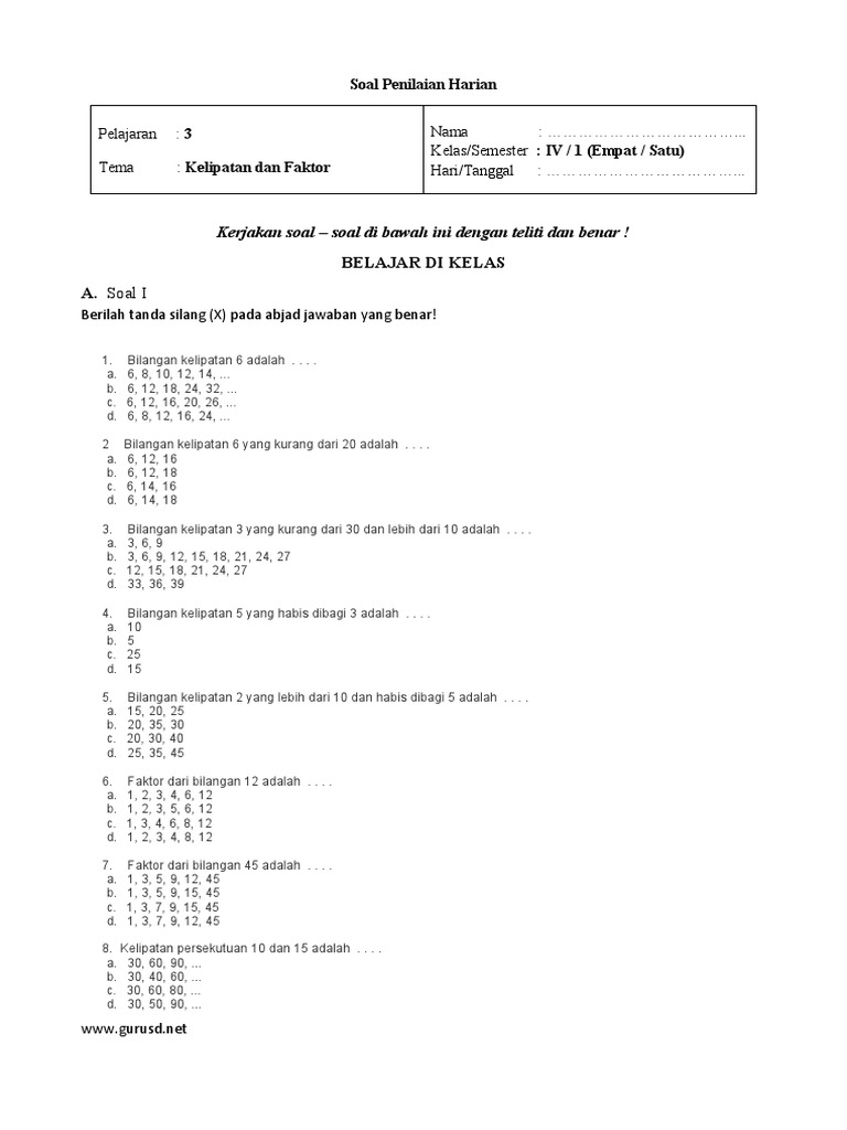 Soal Kelas 4 MTK Pelajaran Kelipatan Dan Faktor | PDF