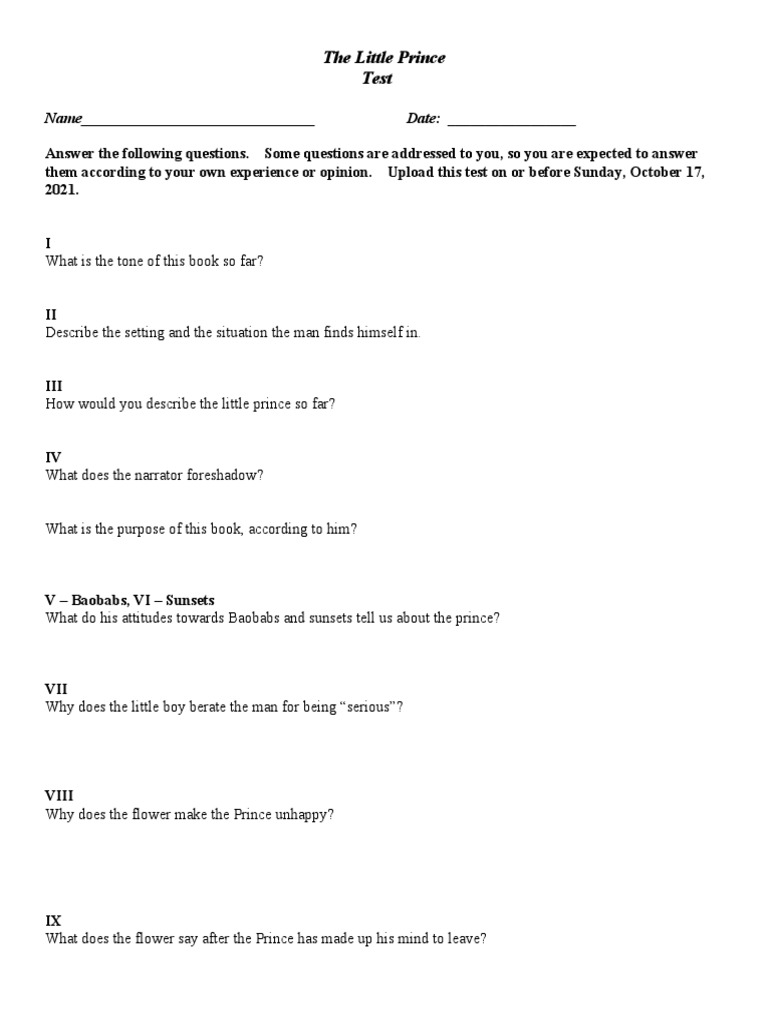 Analytical Questions For The Little Prince | PDF | The Little Prince