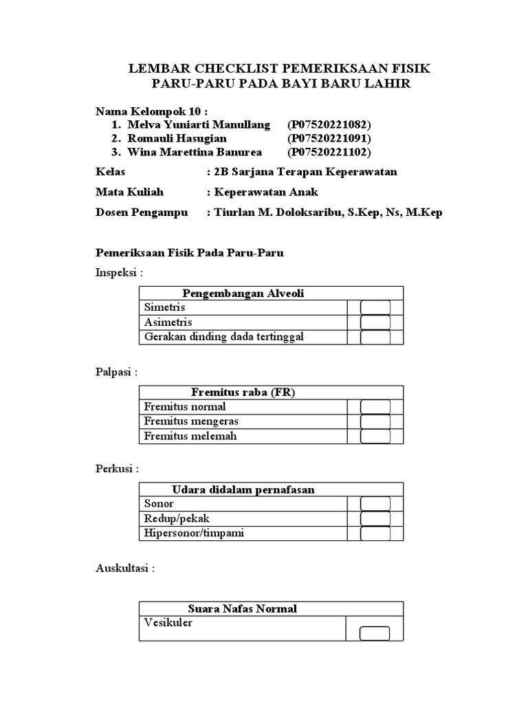 Lembar Checklist Kelompok 10 (Paru-Paru) | PDF
