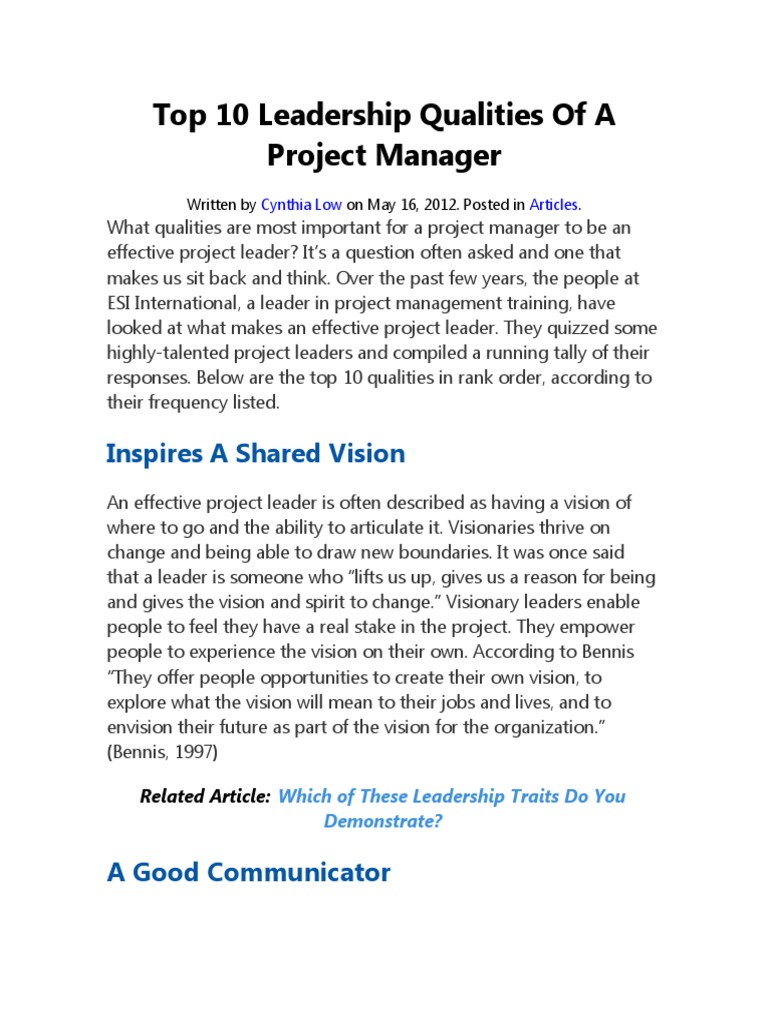 Top 10 Leadership Qualities of A Project Manager | PDF | Leadership ...