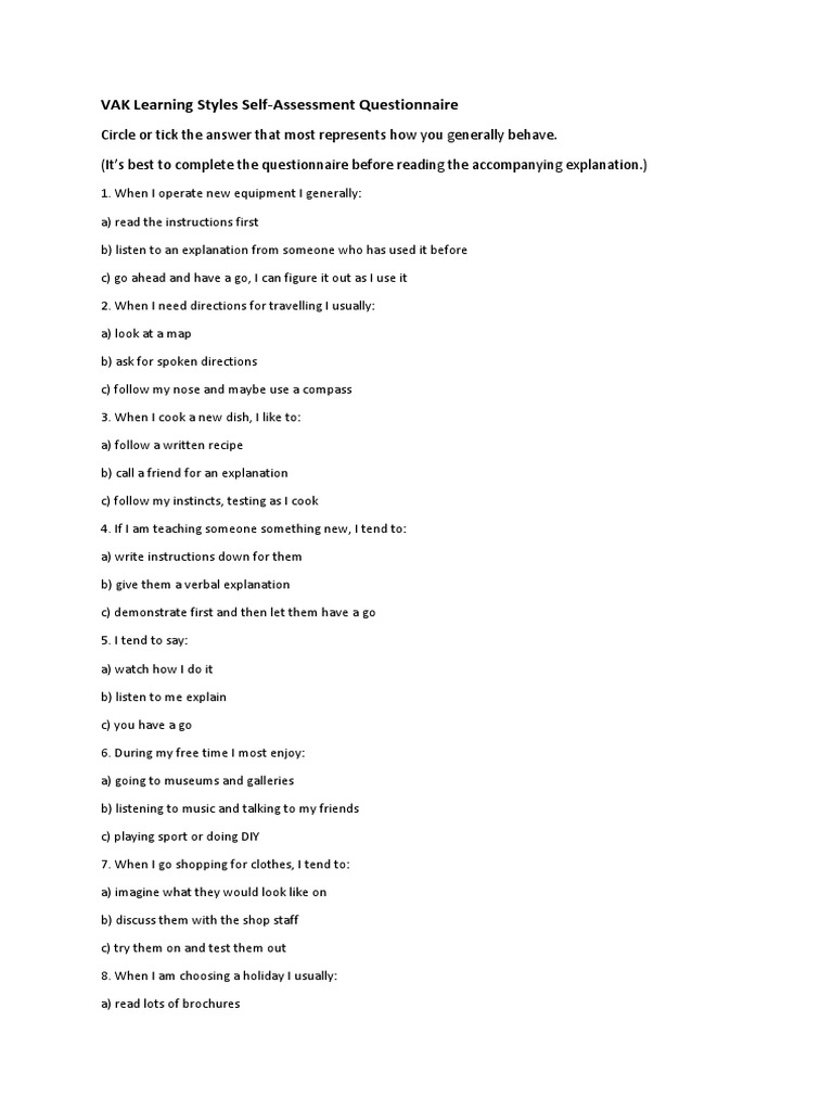 VAK Learning Styles Self Questionnaire (Test) | PDF | Self-Improvement