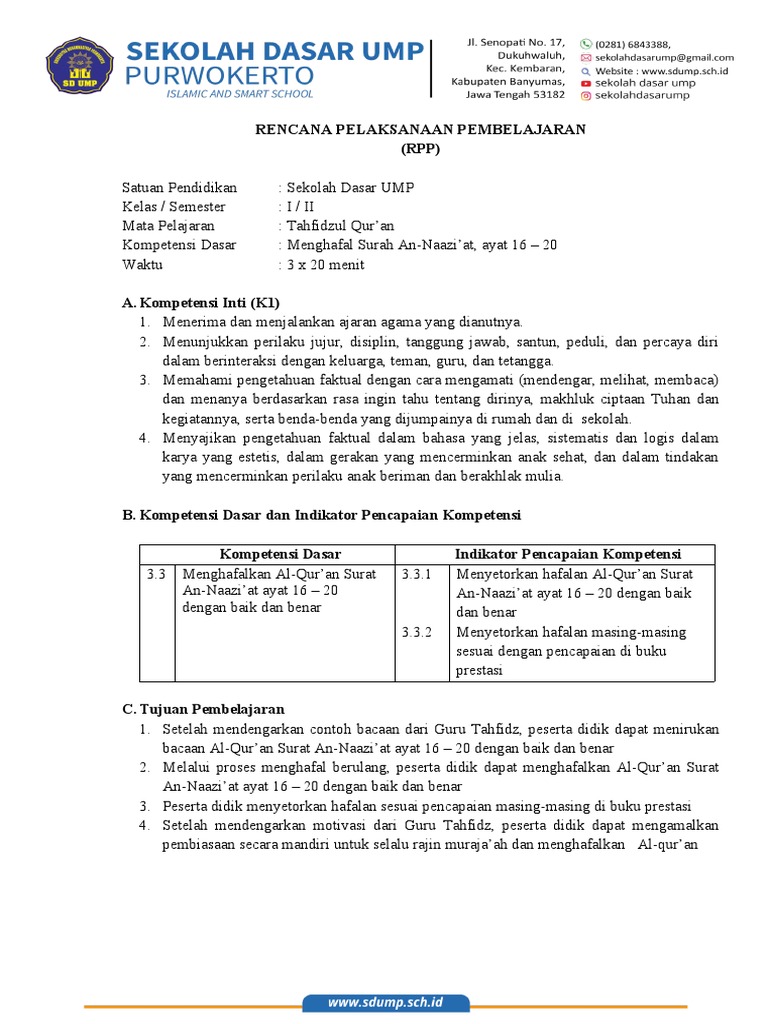 RPP Tahfidz Kelas 2 SD UMP | PDF | Karier & Perkembangan