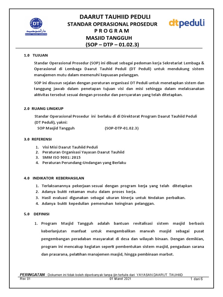 SOP Masjid Tangguh (SOP-DTP-01.02.3) | PDF