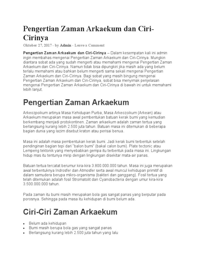 Pengertian Zaman Arkaekum Dan Ciri | PDF