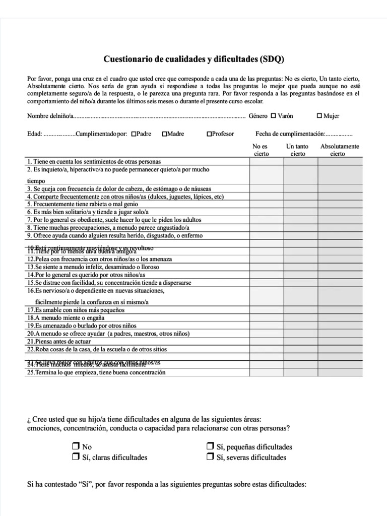 PDF SDQ Cuestionario de Cualidades y Dificultades - Compress | PDF