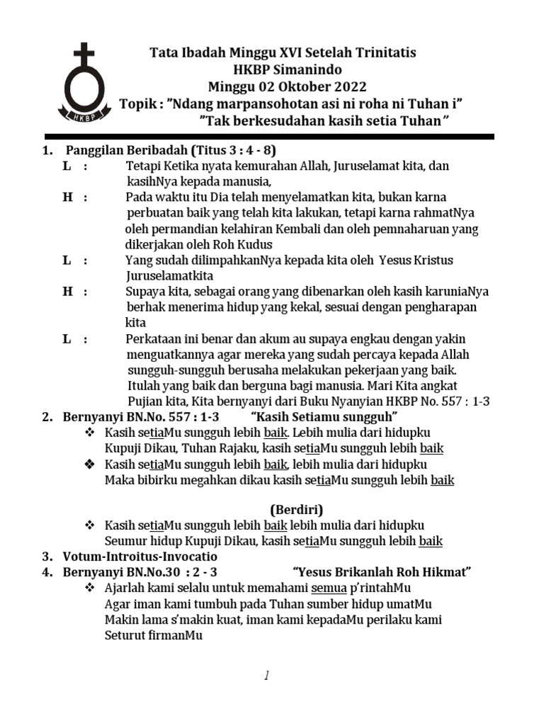 Tata Ibadah Minggu XVI HKBP Simanindo | PDF