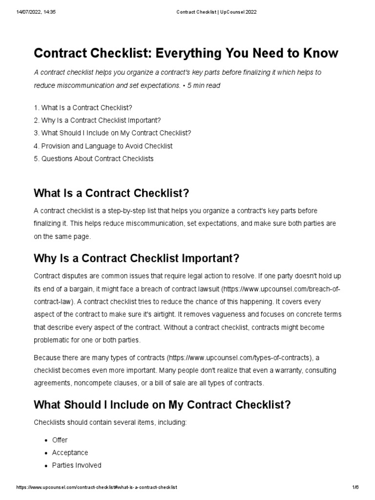 Contract Checklist - UpCounsel 2022 | PDF | Damages | Indemnity