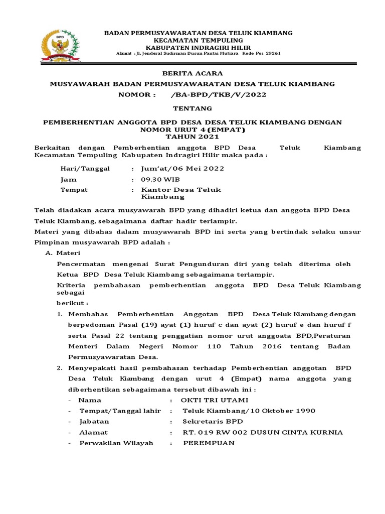 SK Dan Ba BPD Pemberhentian Anggota BPD | PDF