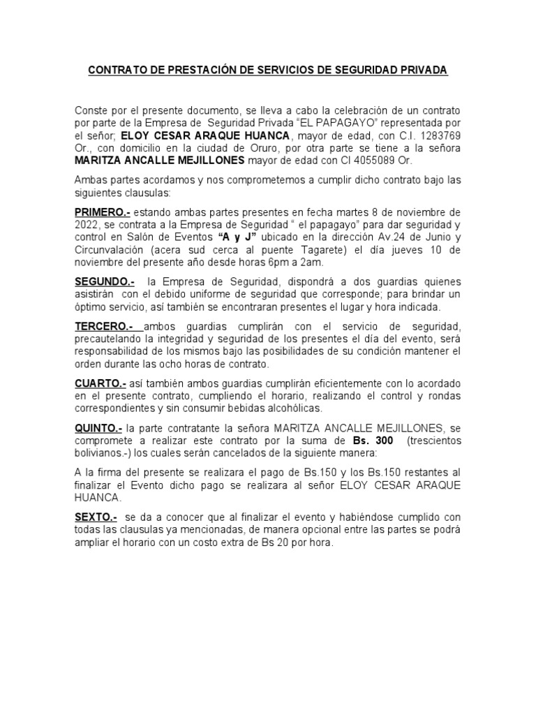 Contrato de Prestación de Servicios de Seguridad Privada | PDF