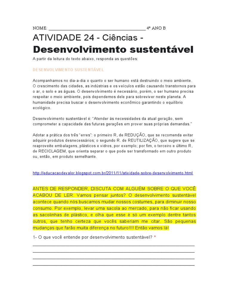 ATIVIDADE 24 - Ciências - Desenvolvimento Sustentavel | PDF ... ATIVIDADE 24 - Ciências - Desenvolvimento Sustentavel | PDF ...