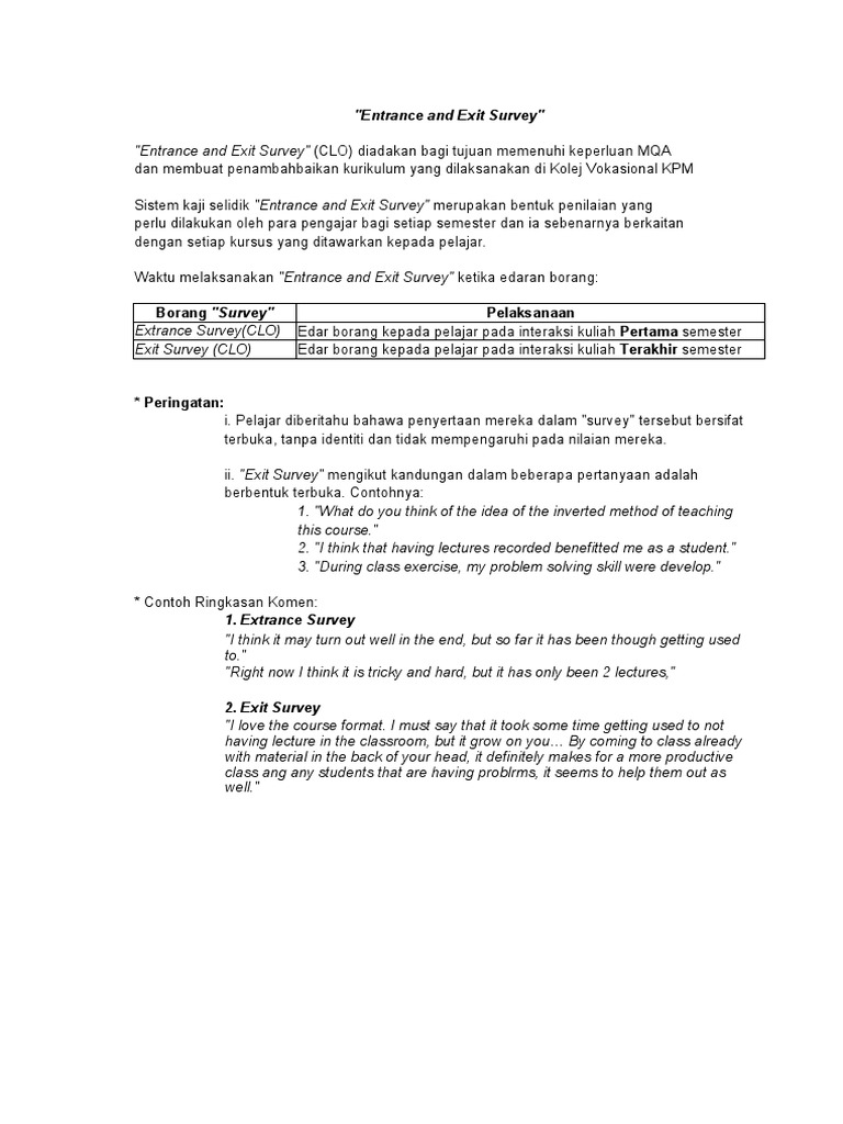 Survey ENTRANCE EXIT ECC 4022 KOKURIKULUM PERMAINAN 2021 KOHORT | PDF