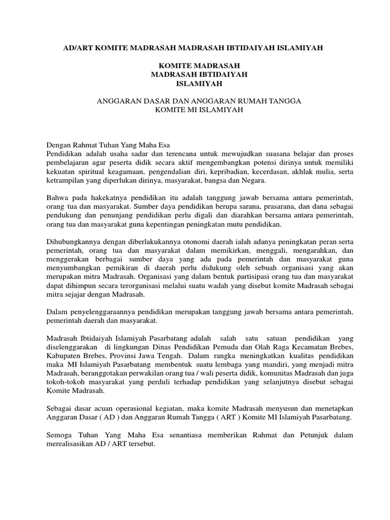 Contoh AD ART KOMITE MI ISLAMIYAH | PDF