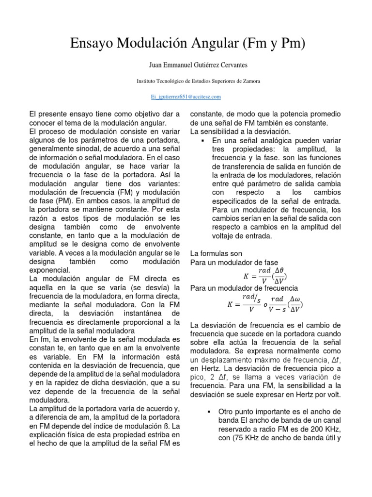 Ensayo Modulacion Angular FM-PM | PDF | Modulación de frecuencia | Modulación