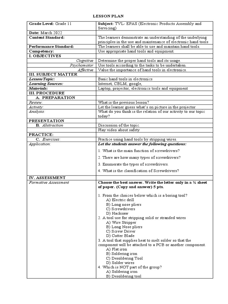 LESSON PLAN FORMAT HAND TOOLS Arbelle | PDF | Tools | Lesson Plan