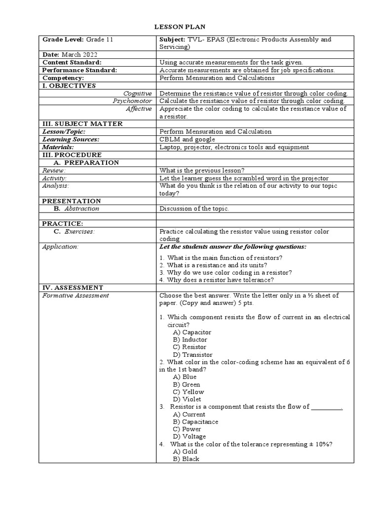 LESSON PLAN FORMAT Mensuration and Calculation Arbelle | PDF | Resistor ...