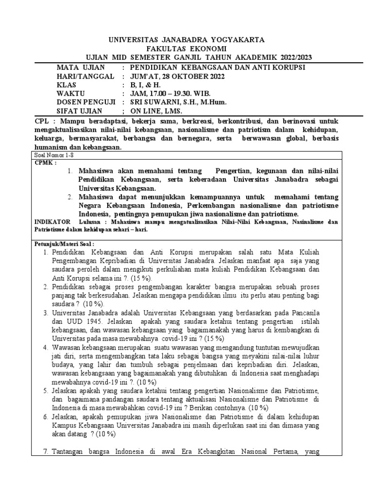 UTS Klas. B, I, H - FE, Pendidikan Kebangsaan Dan Anti Korupsi - Nurmalitasari R - 22220003 ...
