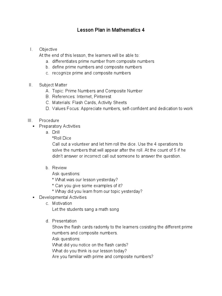 Lesson Plan in Mathematics 4 | PDF | Numbers | Prime Number