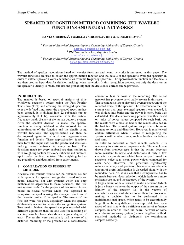 199568.speaker Recognition Method Combining FFT Wavelet Functions and Neural Networks | PDF ...