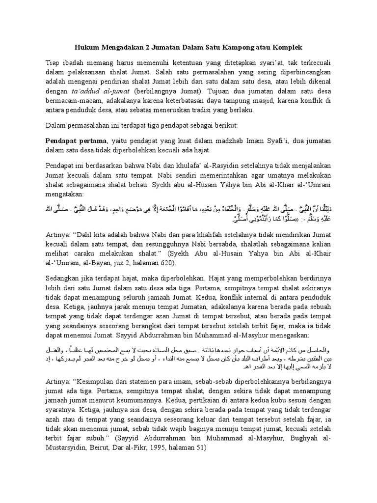 Hukum Mengadakan 2 Jumatan Dalam Satu Kampong Atau Komplek | PDF