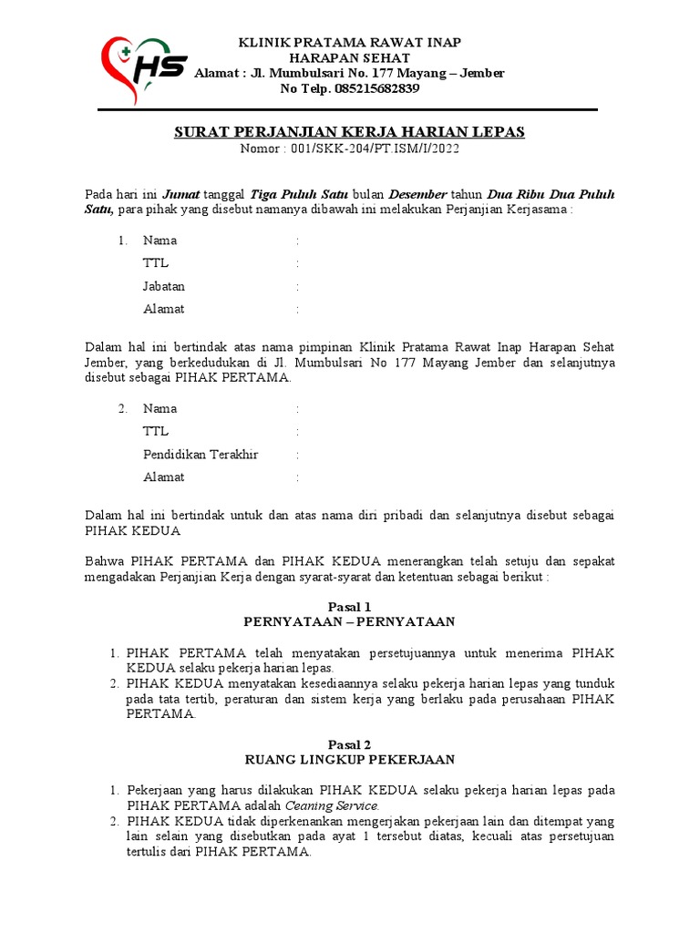 Draft Kontrak Karyawan Harian Lepas | PDF | Hukum