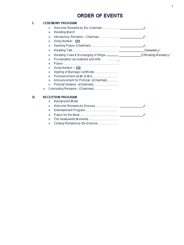 Order of Events Duties Assignments | PDF | Wedding | Bridesmaid