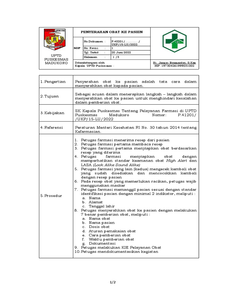 (Bener) Sop Penyerahan Obat Ke Pasien | PDF
