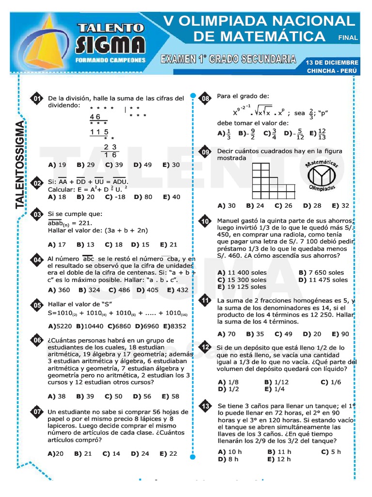 PDF Matematicas y Olimpiadas Examenes Secundaria Talentos Sigma ...