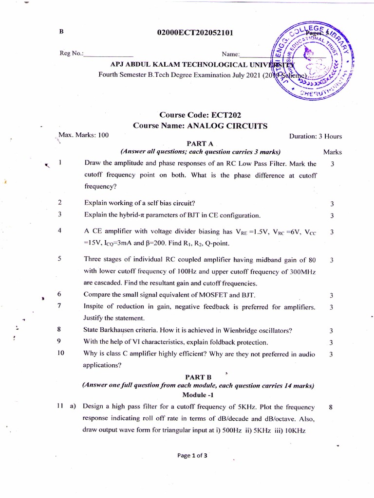 Ect202 Analog Circuits, July 2021 | PDF | Amplifier | Computer Engineering