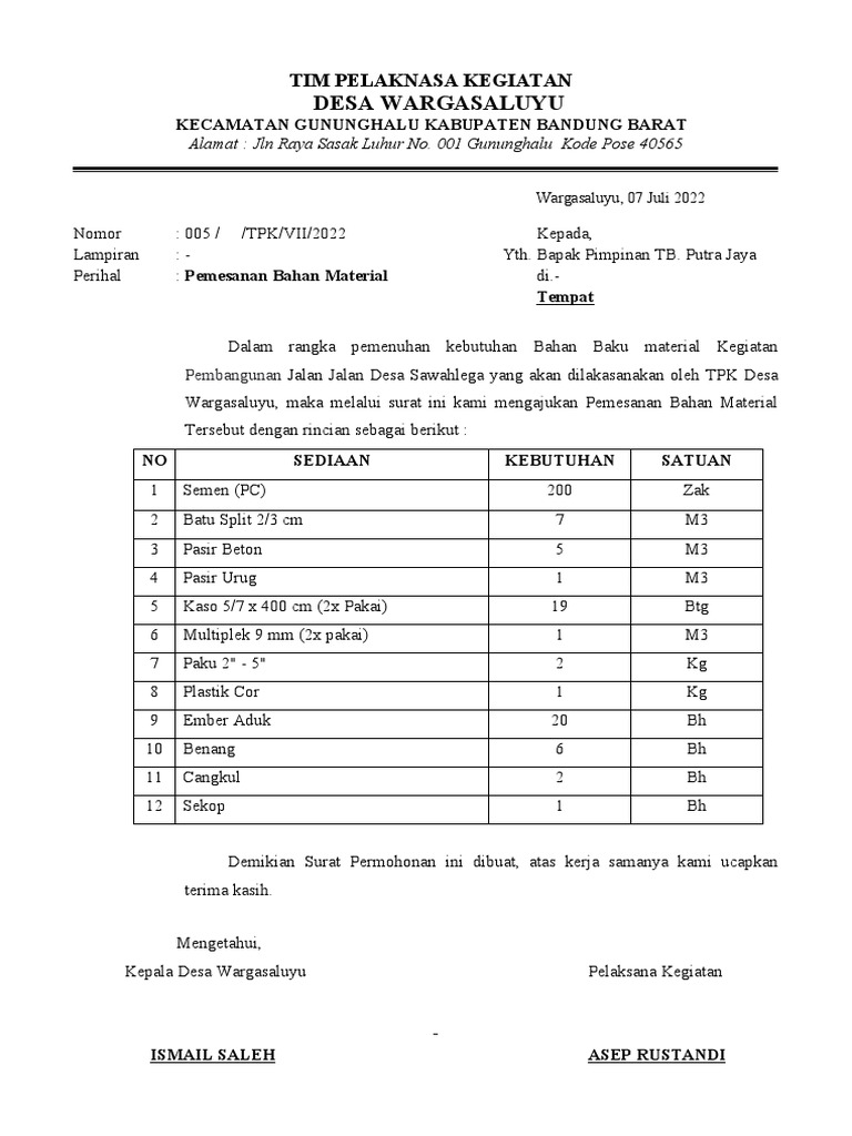 Format Pemesanan Barang Material | PDF