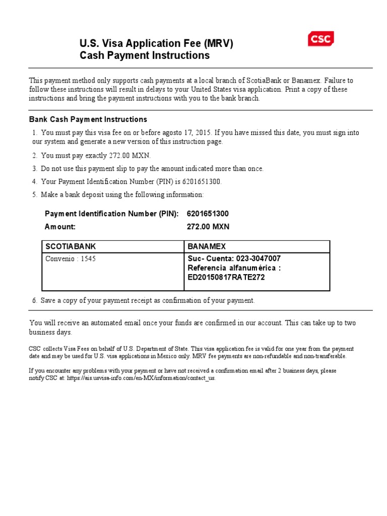 U S Visa Application Fee MRV Cash Paymen | PDF | Payments | Financial ...