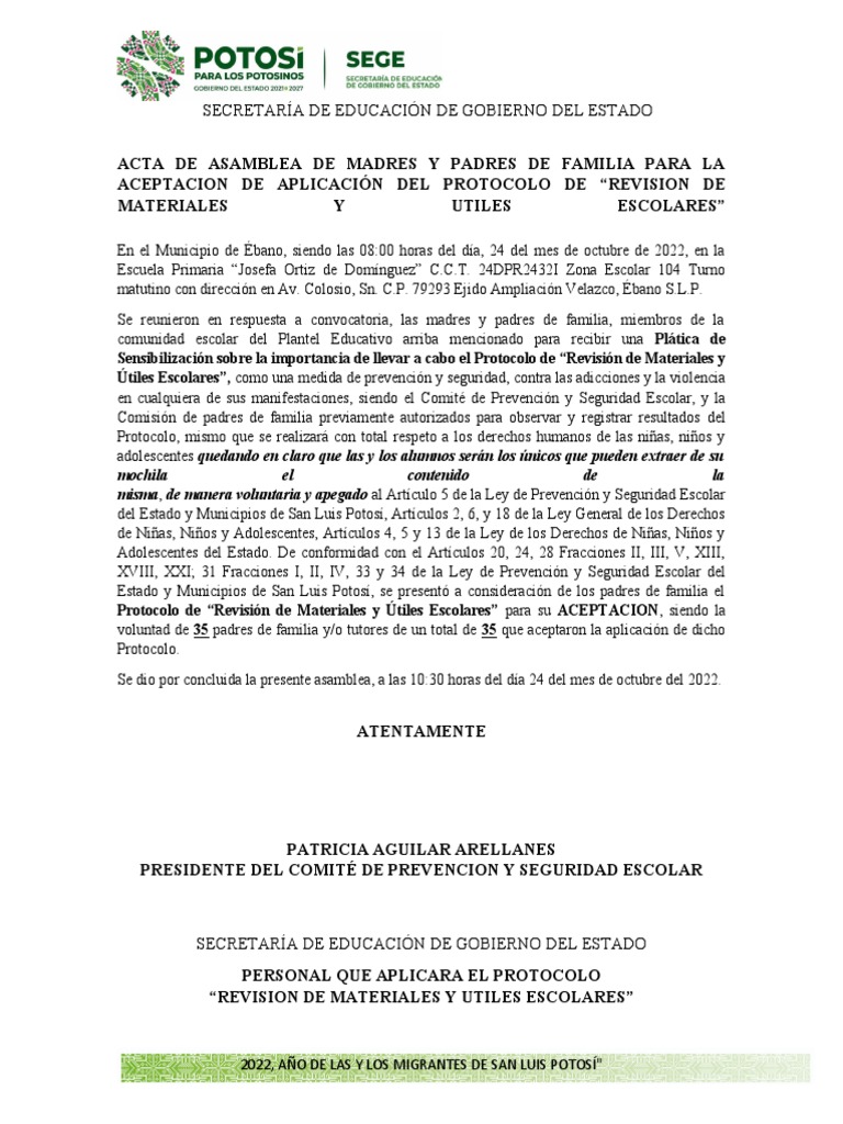 Asamblea Escolar: Protocolo de Revisión | PDF | Gobierno