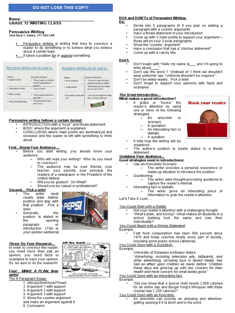 Persuasive Essay Copy For Grade 12 | PDF | Essays | Argument