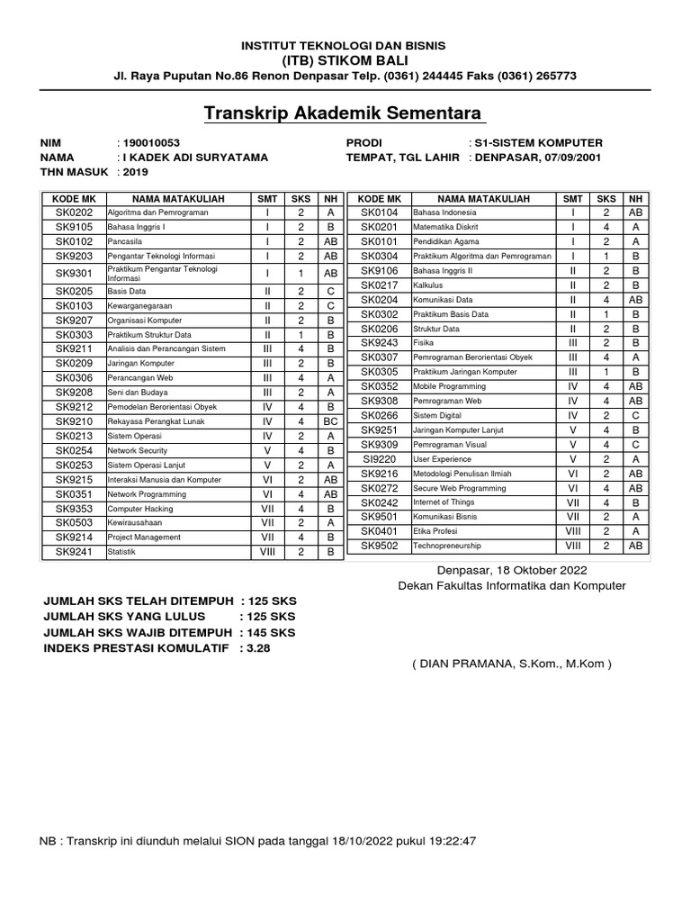 Transkrip Sementara 18 10 2022 | PDF