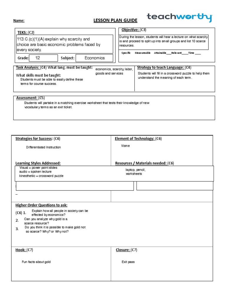 Lesson Plan Guide LPG Word-Jc | PDF | Lesson Plan | Economics