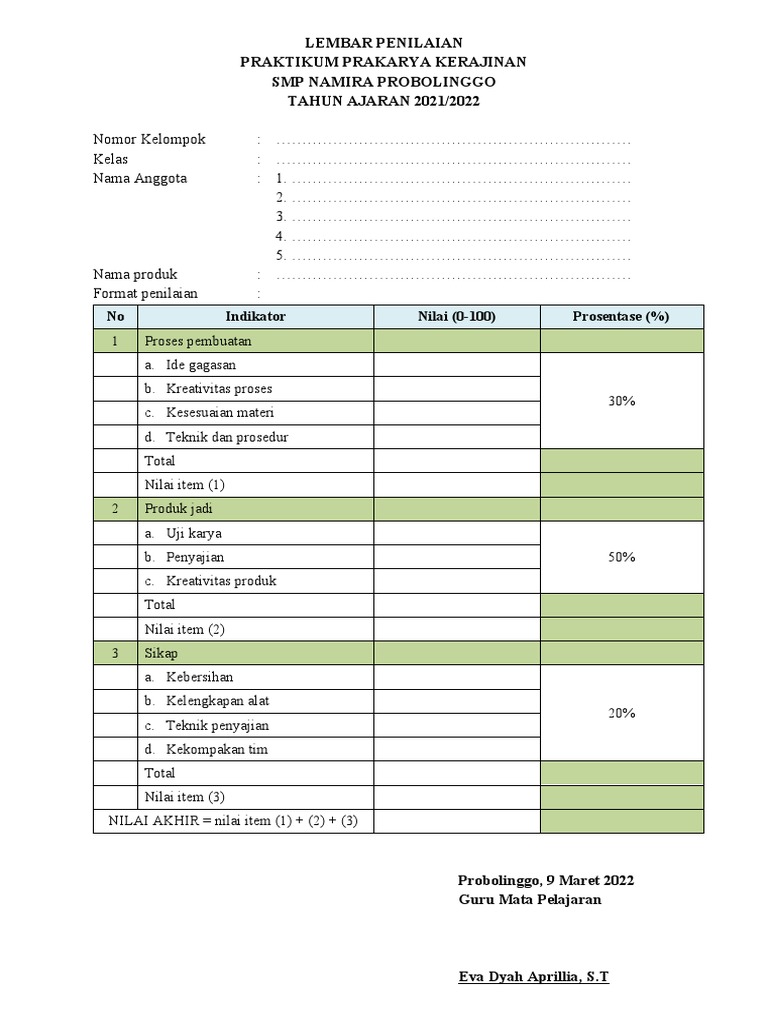 Lembar Penilaian Ujian Praktik KWU | PDF