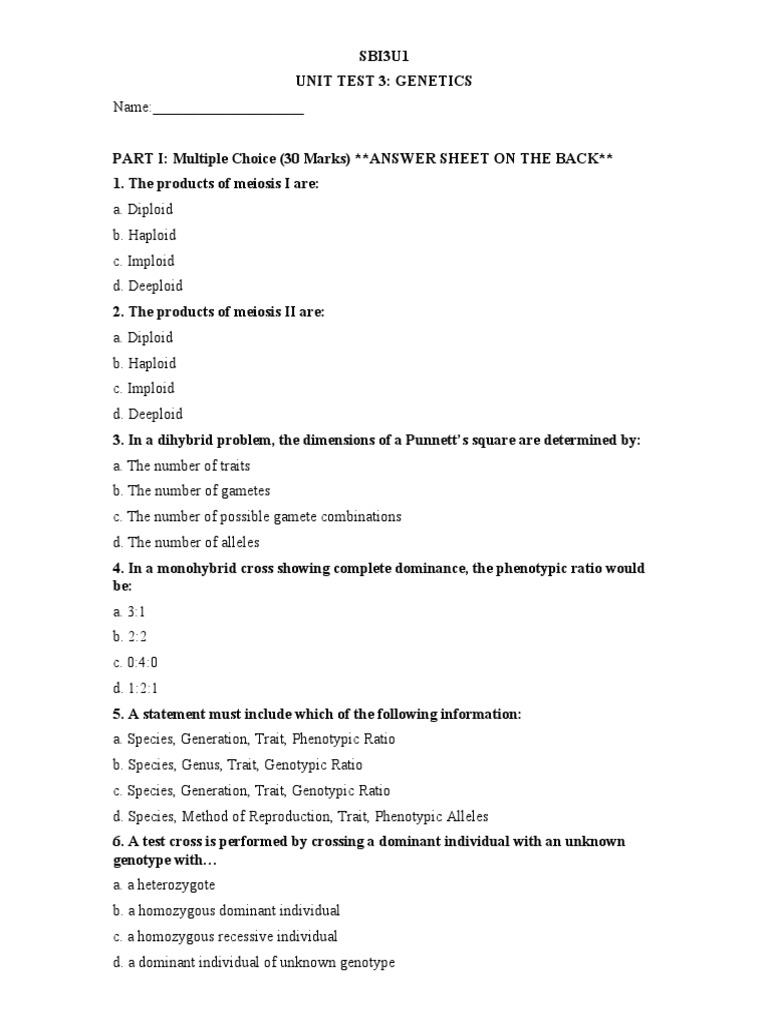Sbi3u1-Genetics Unit Test 092 | PDF | Dominance (Genetics) | Genotype