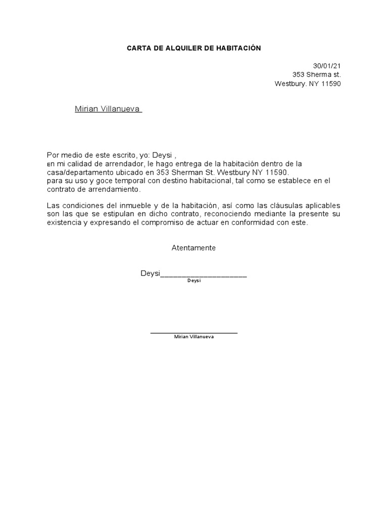 Carta de Alquiler de Habitación. | PDF