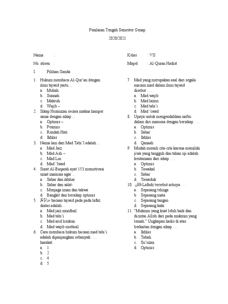 Soal PTS QH VII 2022 | PDF