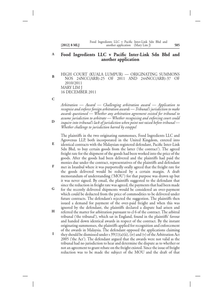 Food Ingredients LLC V Pacific Inter-Link SDN BHD and Another ...