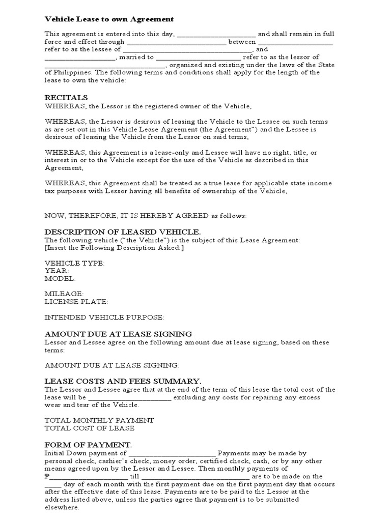 Vehicle Lease to Own Agreement Template | PDF | Lease | Insurance