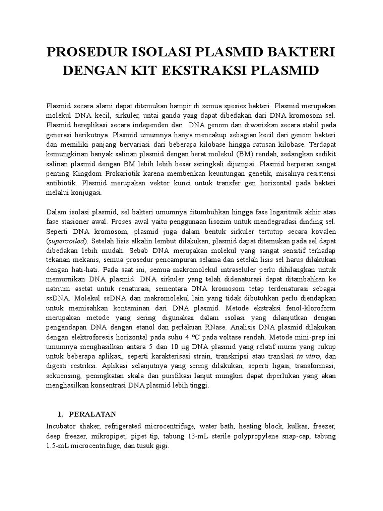 Prosedur Isolasi Plasmid Bakteri Dengan Kit Ekstraksi Plasmid - PT ...