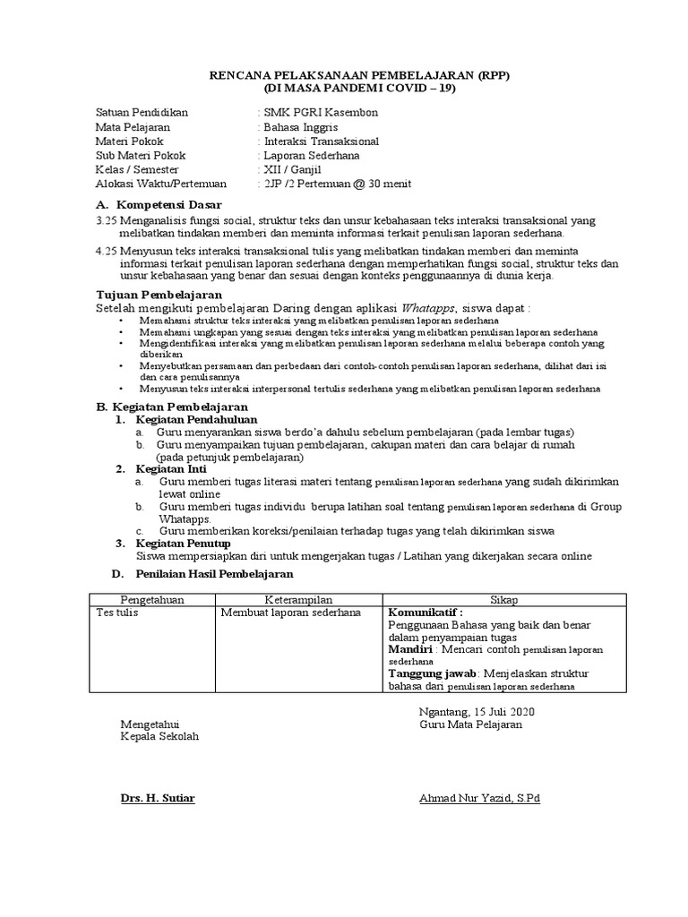 RPP Laporan Sederhana BE | PDF