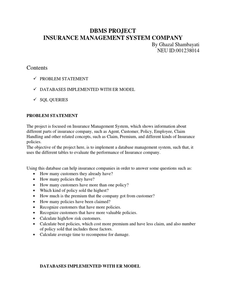 Dbms Project Insurance Management System Company: by Ghazal Shambayati ...