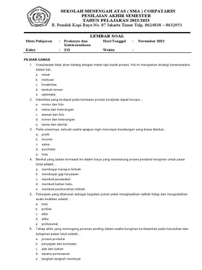 Soal Uas PKWU Kelas 12 | PDF